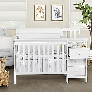 Dream On Me Jayden 4-in-1 Full Panel Mini Convertible Crib and Changer in White, Non-Toxic Finish, Made of Solid Pinewood, 3-Position Mattress Support System, Comes with 1'' Changing Pad