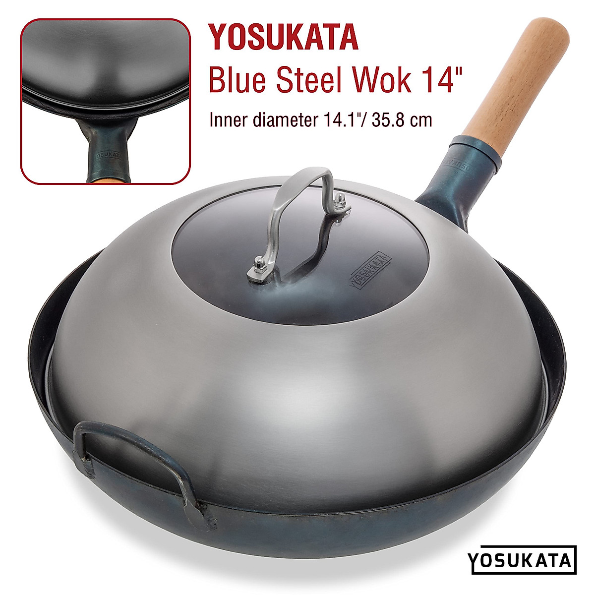 YOSUKATA Wok Lid 13.6 Inch - Premium Stainless Wok Cover with Tempered Glass Insert Steam Holes - Dishwasher-Safe Lid for 14-Inch Wok - Chees Melting Dome for Griddle