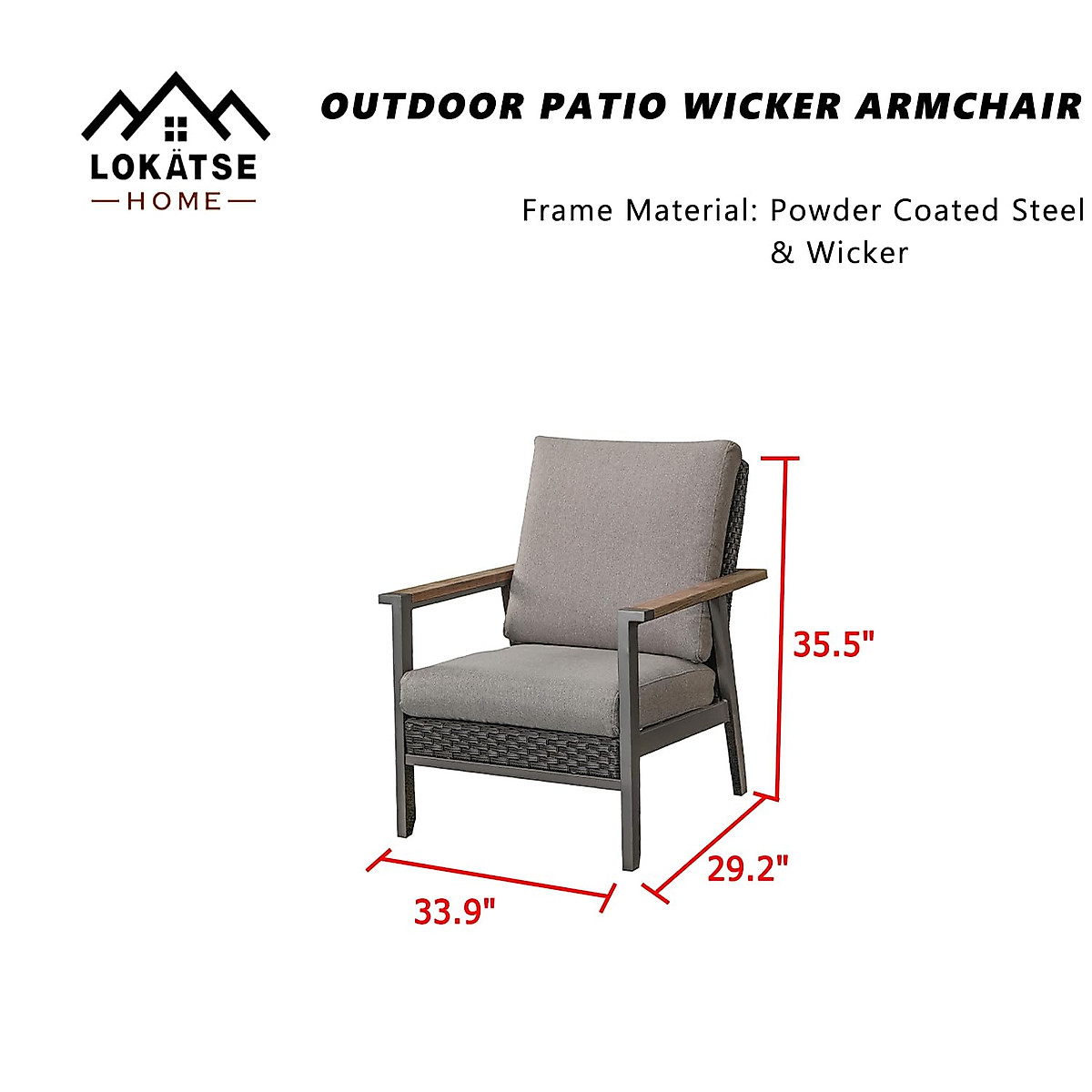 LOKATSE HOME Outdoor Wicker Chair Patio Dining Rattan Grey Cushion