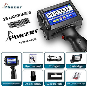 Phezer P15 Handheld Inkjet Printer for Any Surface 0.5 Inch Nozzle for QRCode Barcode Production Date Time Logo Batch Number Print On Glass Bag Carton Box Wood Cloth Plastic Cable (25 Languages)