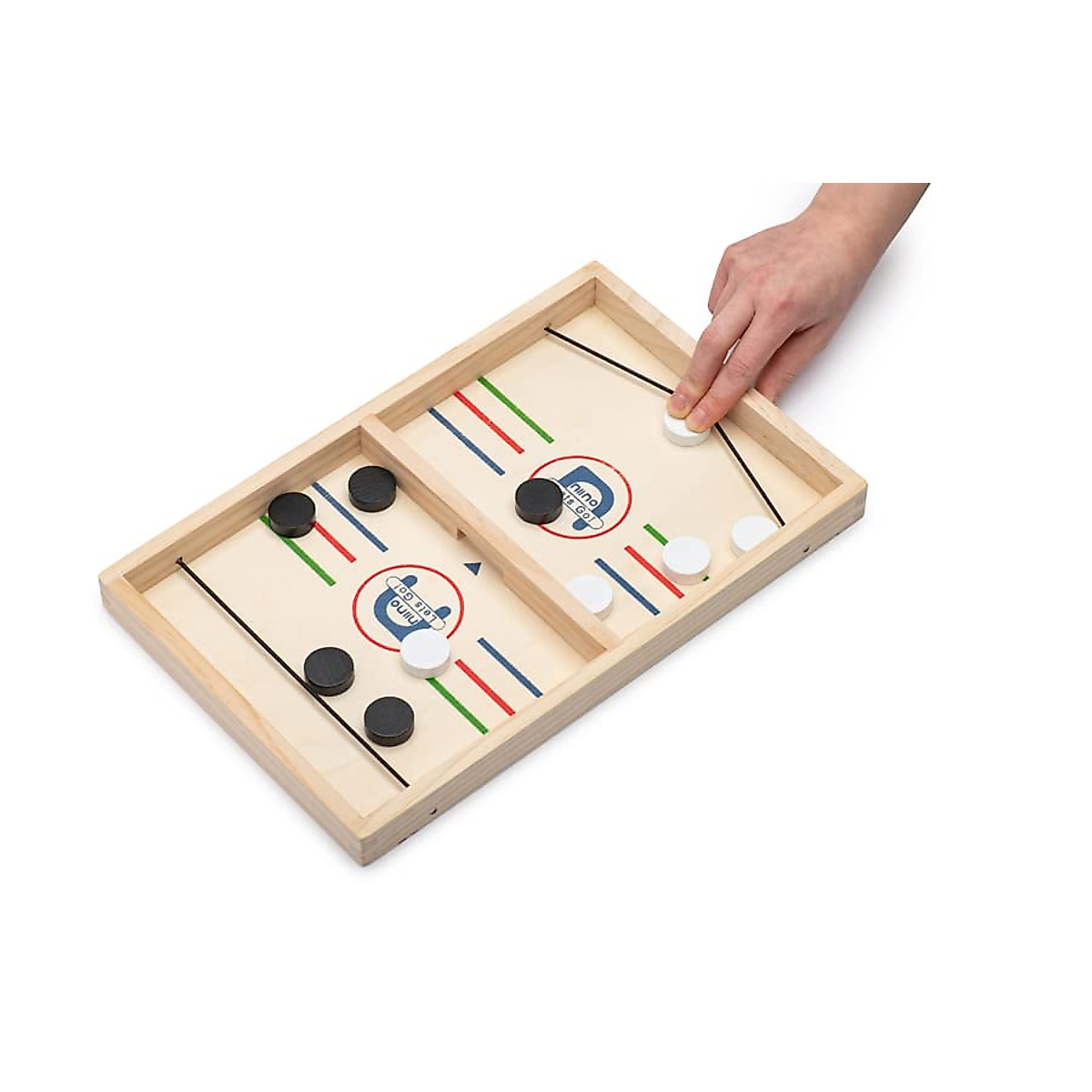 Niino 2 in 1 Fast Sling Puck and Tic Tac Toe Game Board | Tic Tac Toe Board and Family Wooden Hockey Game | String Puck | Gift for Adults & Kids Children | 20 Pucks with Storage Pouch (13 X 8 Inches)