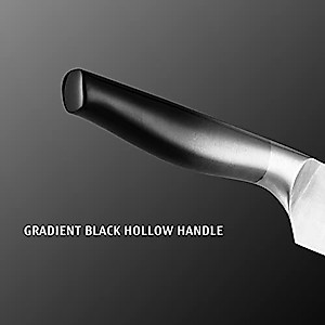 hecef Gradient Black Kitchen Knife Set of 5, Chef Knife Set with Satin Finished Blade & Hollow Handle & Protective Sheaths, Includes Chef, Santoku, Bread, Utility & Paring Knife