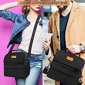 Naukay Dual Compartment Lunch Bag, Lunch Box for Women Men, Reusable Insulated Lunch Bags Cooler Tote Box with Adjustable Shoulder Strap for Office Work Picnic Hiking Beach Party Fishing- Black