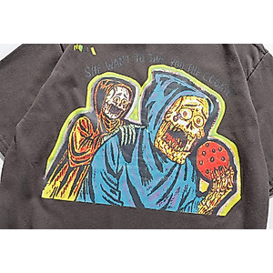 PLOZMCTA Kanye Shirt Men's and Women's Hip Hop Street Skull Print Cotton Short Sleeve Large Dark Grey