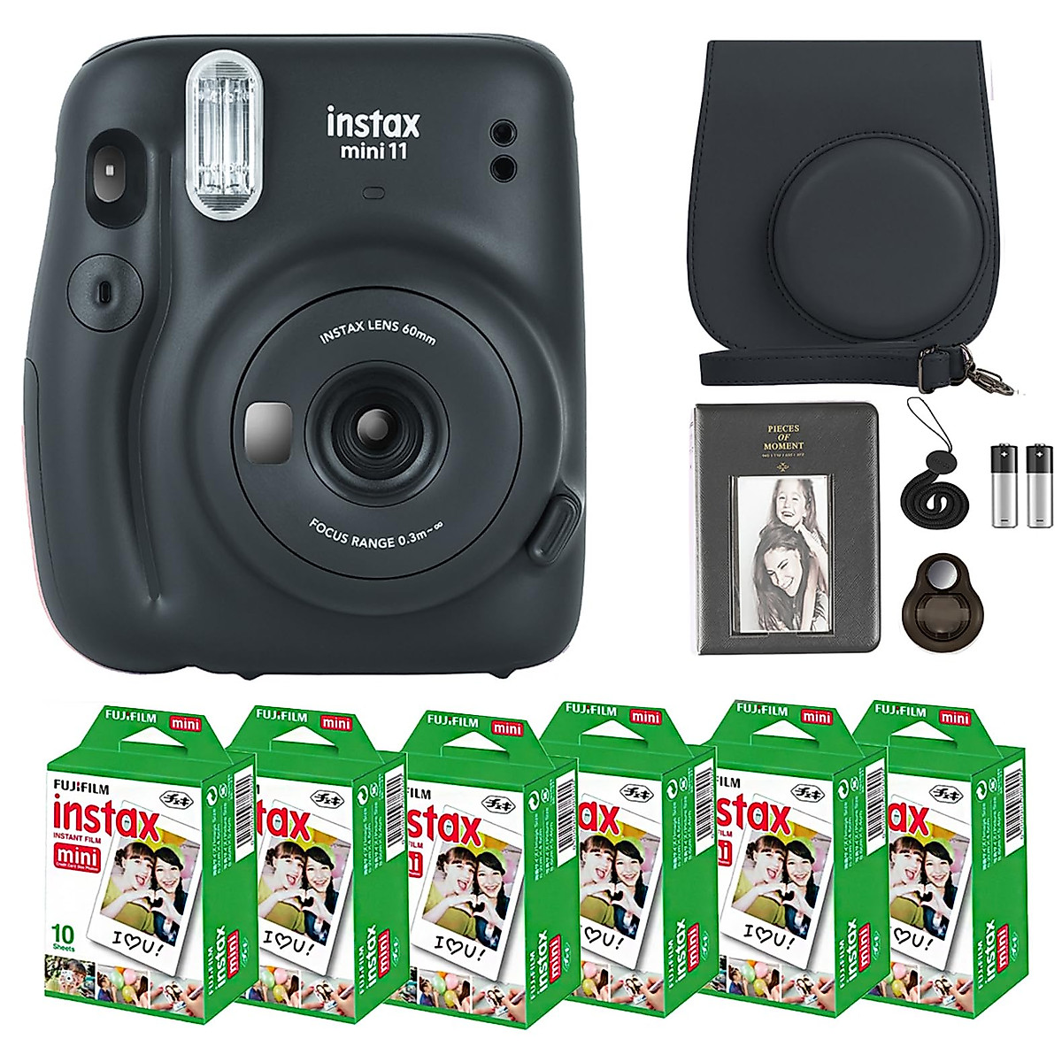 Fujifilm Instax Mini 11 Camera with Fujifilm Instant Mini Film (60 Sheets) Bundle with Deals Number One Accessories Including Carrying Case, Selfie Lens, Photo Album, Stickers (Charcoal Gray)