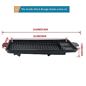 Sanbege BBQ Grill Pan with Nonstick Maifan Stone Coating and Oil Drain, 12.2" Smokeless Griddle Plate for Gas Stove, Indoor or Outdoor Open Flame Grilling (Rectangular)