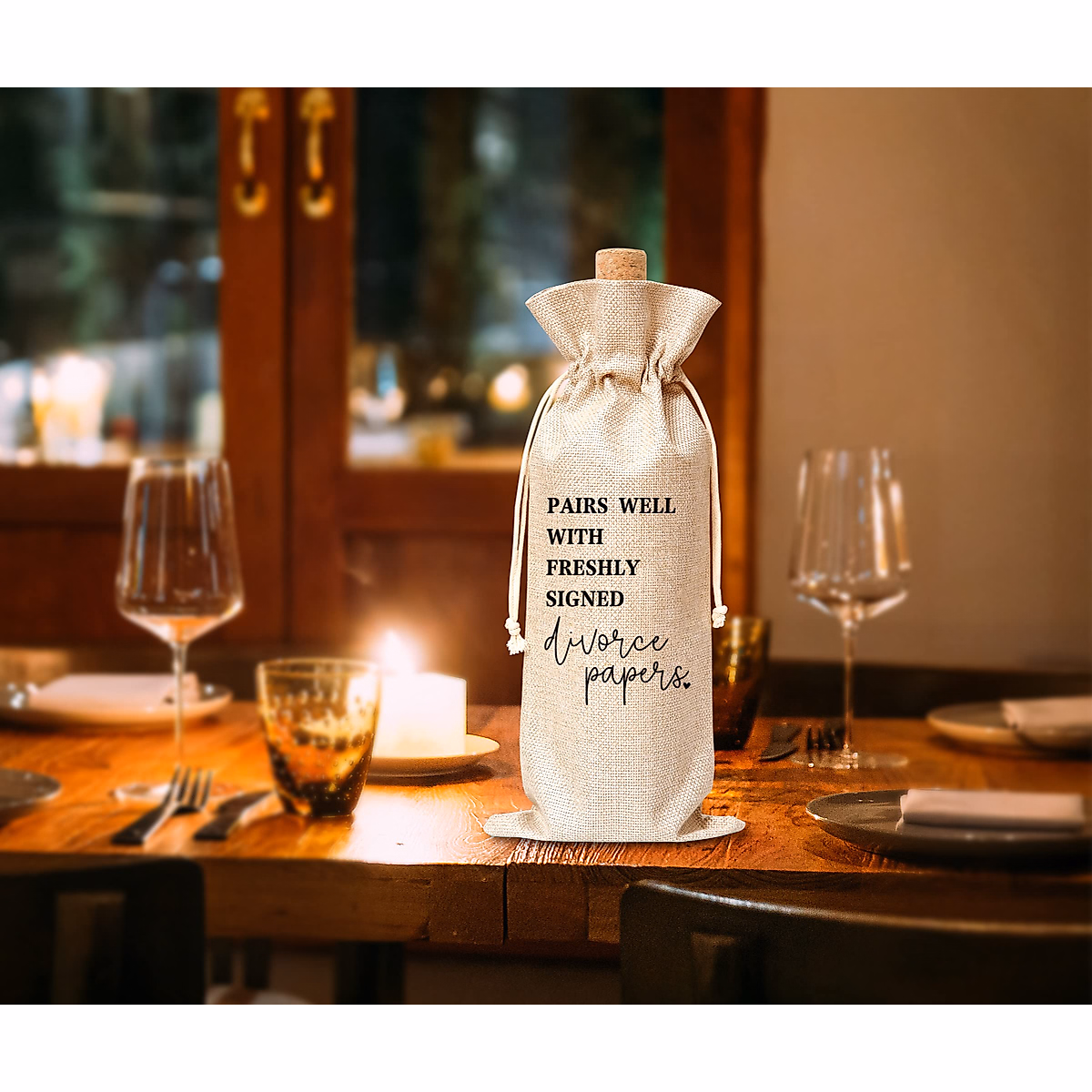 Divorced Wine Gift Bag, Wine Bag for Freshyl Signed Divorce Papers, breakup, happily divorced, Divorce Party, 1 Pc Burlap Wine Bottle Cover Bag (a21)