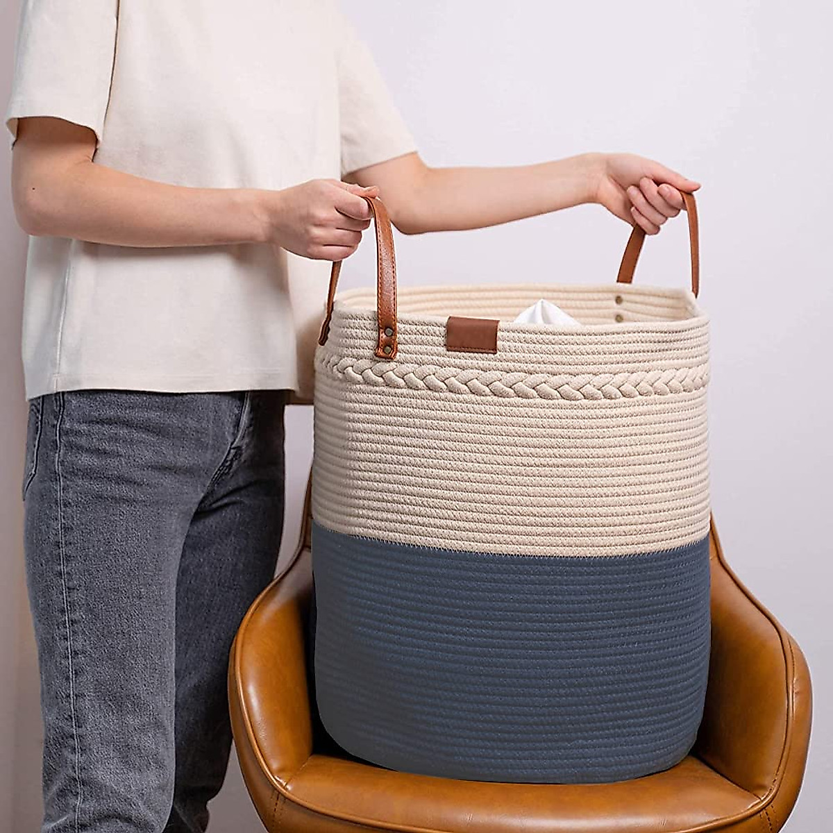 CML Colton Michael Living Premium Cotton Rope Basket Laundry, Toys, Blankets, Clothes, Hamper,Cream and Grey,20inh x 15inw