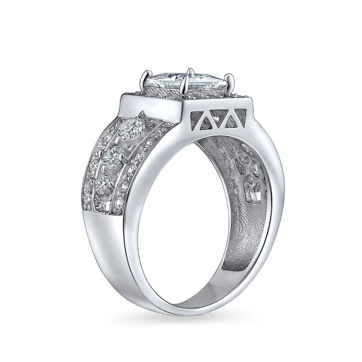 Bling Jewelry Personalize Square Cut Halo AAA CZ Art Deco Style Princess Engagement Ring For Women Wide 3 Row Band .925 Sterling Silver Promise Ring Custom Engraved