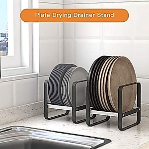 Akamino Large Plate Holders Organizer, Metal Dish Storage Dying Display Rack for Kitchen Cabinet Countertop - Non-Slip & Rustproof（White & Black）