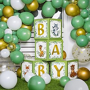 Sage Green Baby Shower Decorations, 4Pcs Neutral Baby Shower Boxes with 92pcs Balloons, Woodland Jungle Theme Baby Shower Decoration Backdrop for Baby Boy Girl Birthday Gender Reveal Party Supplies