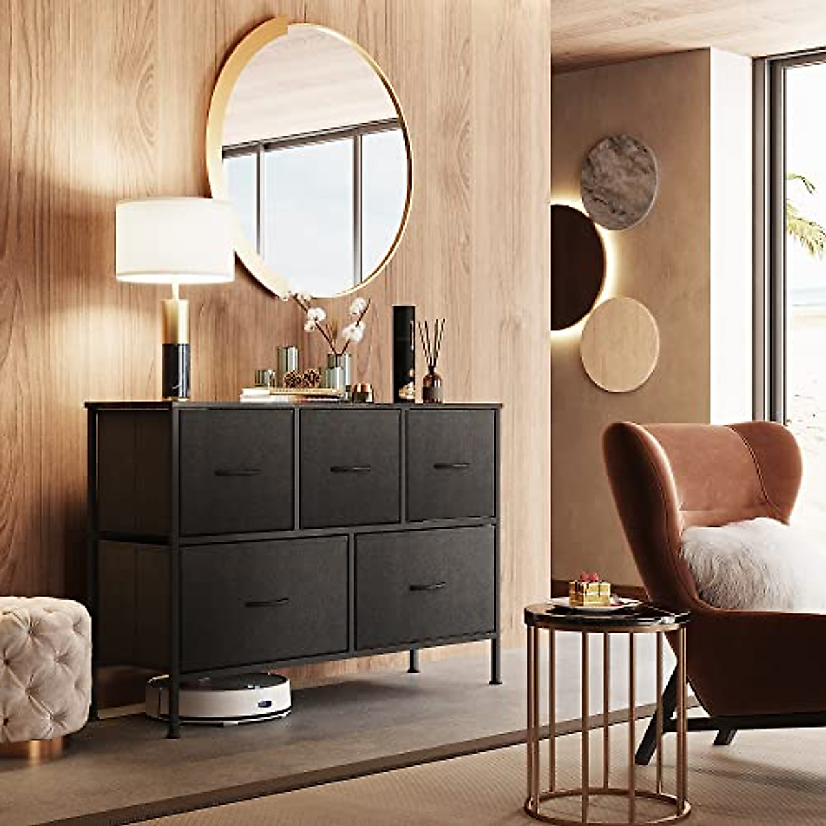 WLIVE 2-Drawer Nightstand and 5-Drawer Dresser Set, Fabric Storage Tower for Bedroom, Hallway, Nursery, Closets, Tall Chest Organizer Unit with Textured Print Fabric Bins, Steel Frame, Charcoal Black