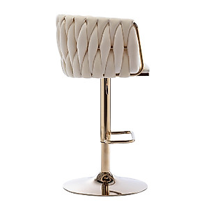 Kiztir 360° Velvet Swivel Bar Stools Set of 4, Adjustable Counter Height Bar Chairs with Woven Back & Footrest, Luxury Gold Bar Stools for Kitchen Island, Cafe, Pub (Ivory)