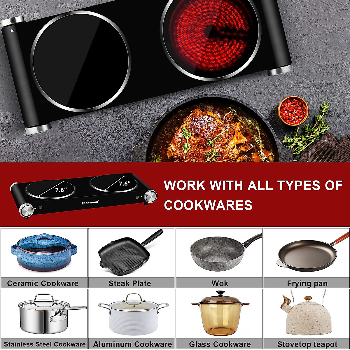 Hot Plate, Techwood 1800W Dual Electric Stove, Countertop Stove Double Burner for Cooking, Infrared Ceramic Hot Plates Double Cooktop, Brushed Stainless Steel Easy to Clean Upgraded Version, Black