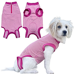 Wabdhally Dog Surgery Recovery Suit,Surgical Suit for Medium Female Spay,Soft Combed Cotton,Rose Striped Zipper Onesie M