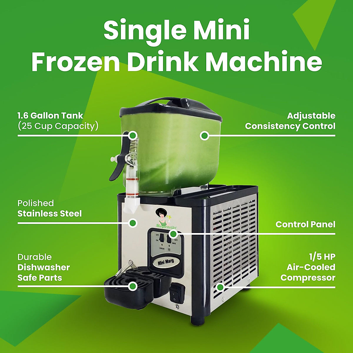 Margarita Girl Single-Bowl Mini Size Frozen Slushy Drink Machine - Versatile High-Capacity Model Featuring One 1.6-Gallon Bowl - Makes 25 Cups of Resort-Style Margarita, Daiquiri, Piña Colada & More