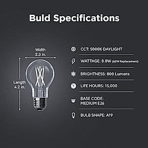 Feit Electric LED Built-in Dusk to Dawn Sensor Intellibulb - Clear Filament A19 with an E26 Medium Base Light Bulb - 60W Equivalent - 15 Year Life - 800 Lumen - 5000K Daylight