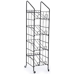 Displays2go Portable Newspaper and Magazine Rack, 4 Angled Shelves, Locking Caster Wheels (Black Steel)