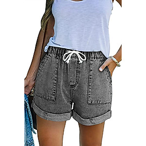 GOLDPKF Womens Shorts Summer Denim Shorts Women High Waisted 2024 Trendy Elastic Waist Jeans for Women Casual Plus Size Folded Hem Stretch Jeans Gray X-Large