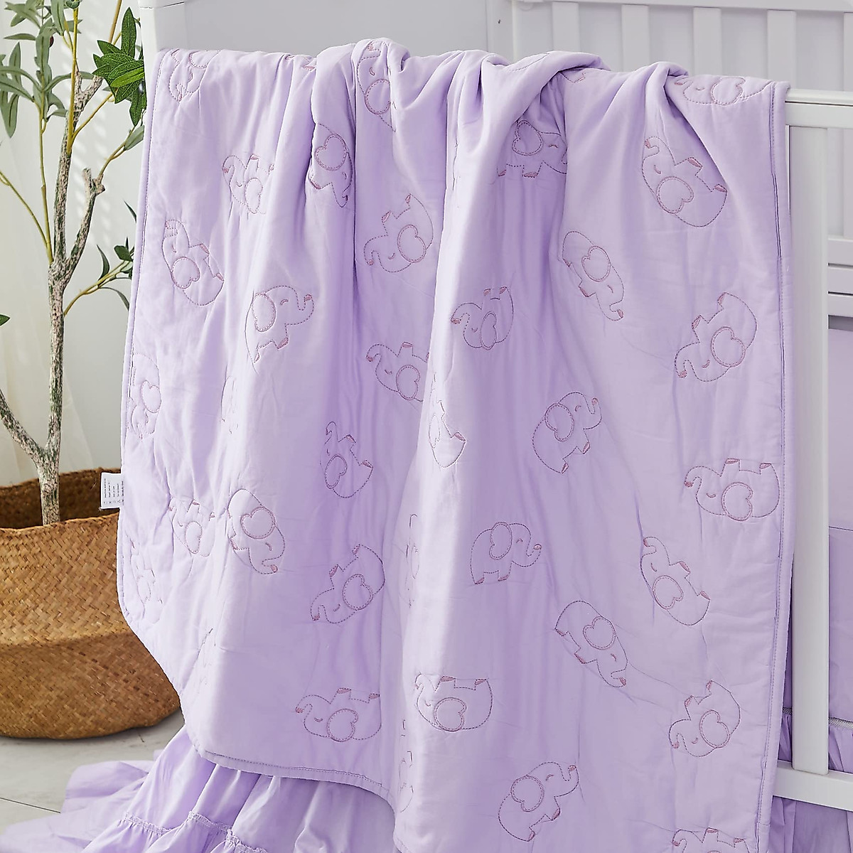 Brandream Crib Bedding Sets for Girls with Purple Elephant Embroidery 100% Washed Pure Cotton Baby Nursery Bedding Set 3 Pieces