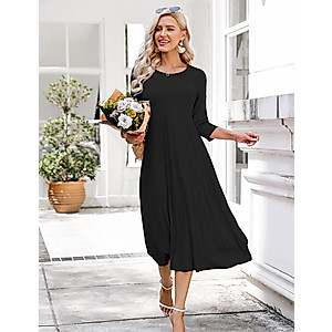 HOTOUCH Women's 3/4 Sleeve Casual Pleated Tshirt Dress (Black L)