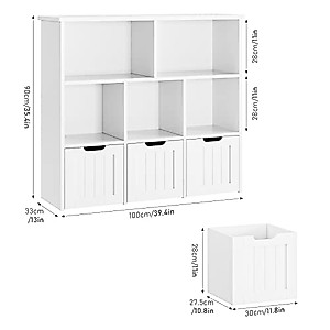 FOTOSOK Toy Storage Organizer with 3 Movable Drawers, Floor Storage Cabinet Toy Chest with Hidden Wheels and 5 Storage Cubbies, Multifunctional Storage Chest for Nursery, Playroom and Bedroom, White