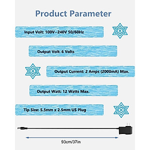 6V DC Power Supply 2A Universal AC Adapter, 100-240V 50/60Hz AC to DC 6 Volts 2Amp Power Adapter Transformer, DC 6V Power Cord, 5.5mm x 2.5mm DC Plug