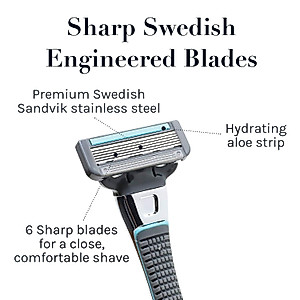 AOA Men's 6 Blade Razor Kit 7pcs in Kit Including 1pc Handle 5pcs Swedish Six-Blade Heads 1pc Stainless Steel Shower Hook Lubricating Aloe Vitamin E Strip for Comfortable Close Shave