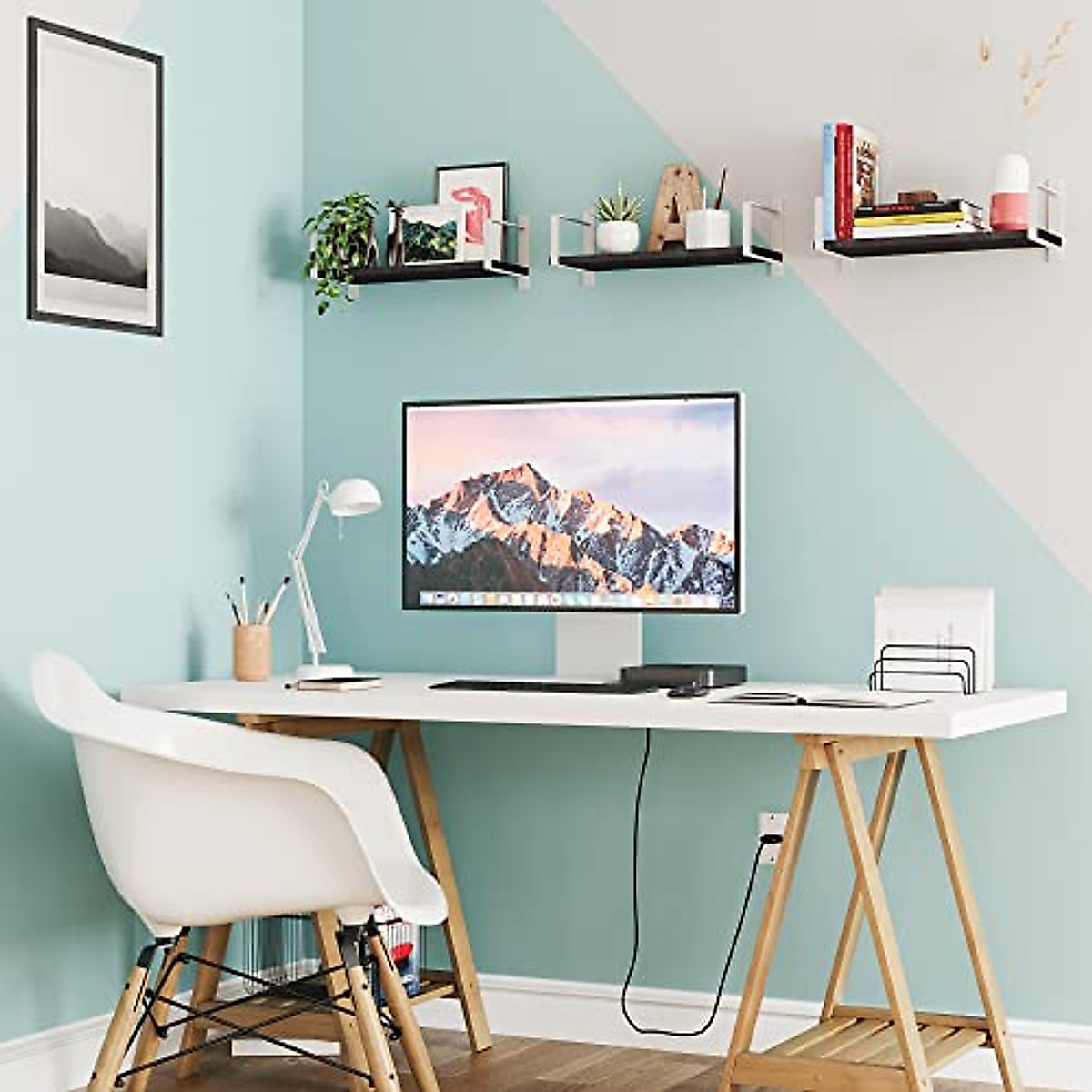 Wallniture Toledo Bookshelf Living Room Decor Kitchen Organization Floating Shelves Bedroom Decor Wall Shelves for Office Black Board, White Bracket Set of 3