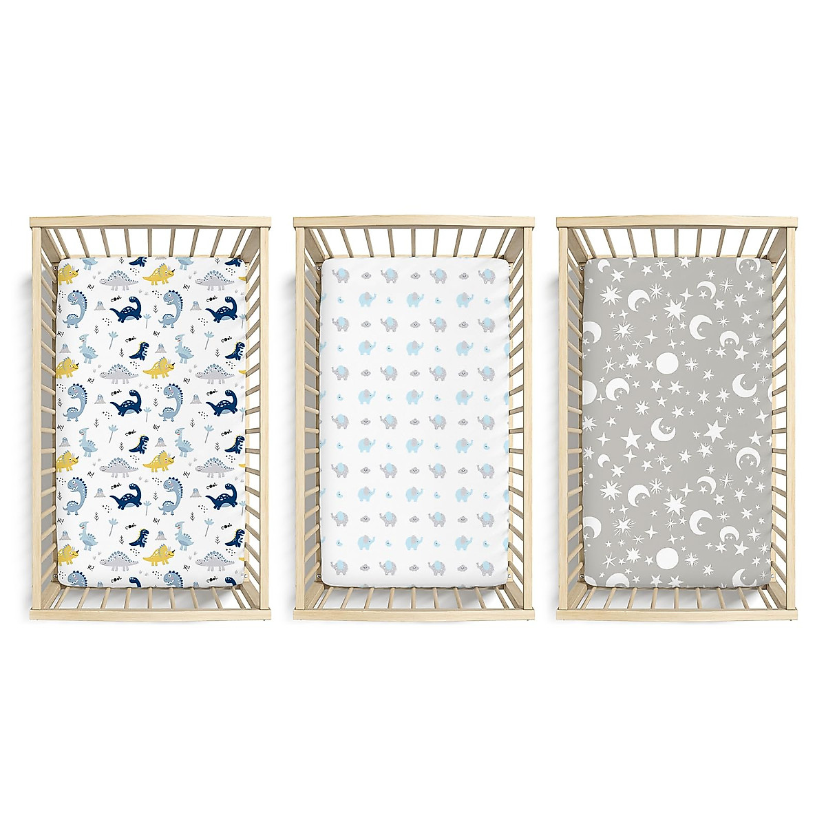 Plushii Crib Sheets for Baby Boys 3 Pack, 28"x 52" Extra Soft Microfiber Crib Sheet Set for Baby Crib Mattress Sheet & Toddler Mattress Pad, Dinosaur & Elephant & Stars