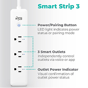 KMC 3-Outlet Smart Plug Power Strip, Surge Protector for Smart Home, Remote Control Lights and Devices, No Hub Required, ETL Certified, Compatible with Alexa and Google Home, 4ft Extension Cord, White