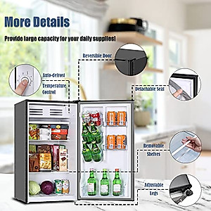 Frestec Mini Fridge with Freezer, 3.2 Cu.Ft Mini Refrigerator with One-touch Easy Defrost,37 dB Low Noise, Compact Small Refrigerator for Dorm, Bedroom, Office (Stainless Steel)