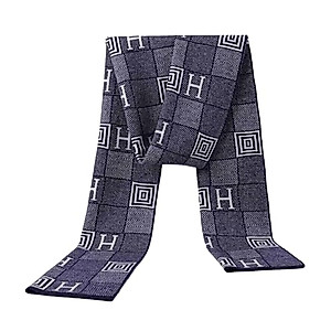 SYLALE Scarf For Men Autumn And Winter Warm Neck Neck Men'S Plaid Pure Wool Scarf Long Scarf Blue And White