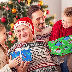 Dinosaur Wearing Santa Hats Christmas Double Side Reversible Wrapping Paper 4 Sheets Folded Flat 20x30 inches per sheet, Dinosaur T-rex Gift Wrap For Kids Girls Boys Men Women Unique Xmas Decorative Paper and Birthday Holiday