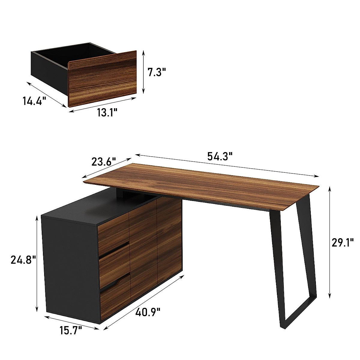 TAMUNE L-Shaped Corner Desk with Drawers, Office Desk Executive Desk with Storage Cabinet, Computer Desk with Black Metal Leg Frame, for Home Office Deep Brown and Black (54.3”W x 40.9”D x 29.1”H)