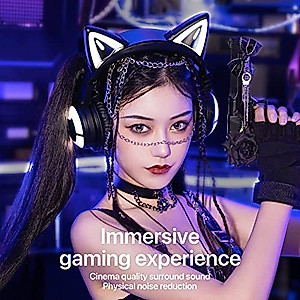 YOWU RGB Cat Ear Headphone 3S Wireless Bluetooth 5.0 Foldable Gaming Headset with Built-in Mic & Customizable Lighting and Effect via APP, Type-C Charging Audio Cable, for PC Laptop Mac Smartphone
