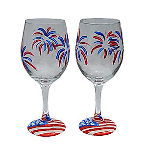 Fireworks USA American Flag Hand Painted Stemmed Wine Glasses Set of 2