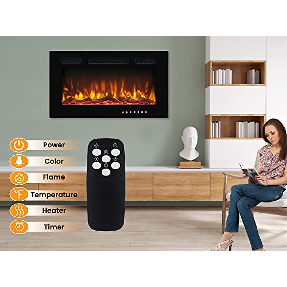 Alice 30" Electric Fireplace Inserts Recessed, Wall Mounted Fireplace LED Fireplace with 12 Flame Colors, Touch Screen, Remote Control, Timer, Carbon & Crystal Stones 500W/1500W - 30 inches