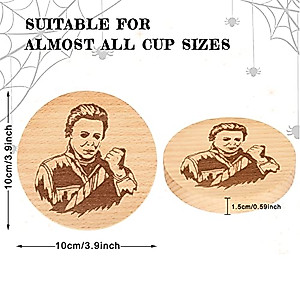 Whaline 4Pcs Halloween Wood Coaster Horror Movie Character Wood Round Coasters Halloween Holiday Cup Mat for Drinking Glasses Tabletop Protection Halloween Home Kitchen Office Decor