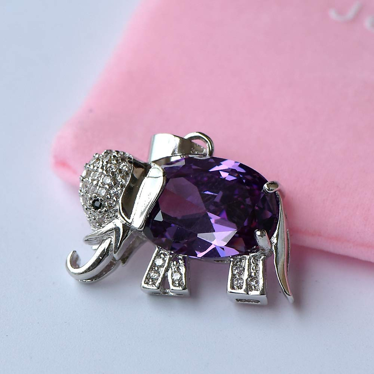 WIBERN Good Luck Memorial Keeps 18K White Gold Plated Purple Shine Crystal CZ Elephant Pendant Women Dainty Necklace Noble Jewerly (Purple)