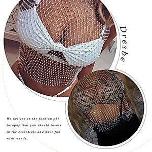 DRESBE Rhinestone Mesh Body Chains Hollow Tank Tops Bikini Crop Top Party Body Jewelry Accessories for Women (White-O Neck-M)