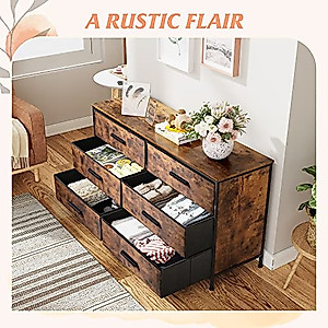 WLIVE Wide Dresser with 6 Drawers, TV Stand for 60" TV, Fabric Double Dresser, Large Storage Tower Unit, Chest of Drawers for Bedroom, Closet, Living Room, Hallway, Nursery, Rustic Brown