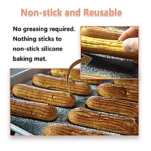 Perforated Silicone Baking Mats, 2 PCS Eclair Silicone Mat for Half Sheet with 12 Printed Oblong Eclair Guides, Non-Stick Reusable Oven Liners for Making Bread/Pizza/Pastry/Cookie 11-4/5" x 15-3/4"