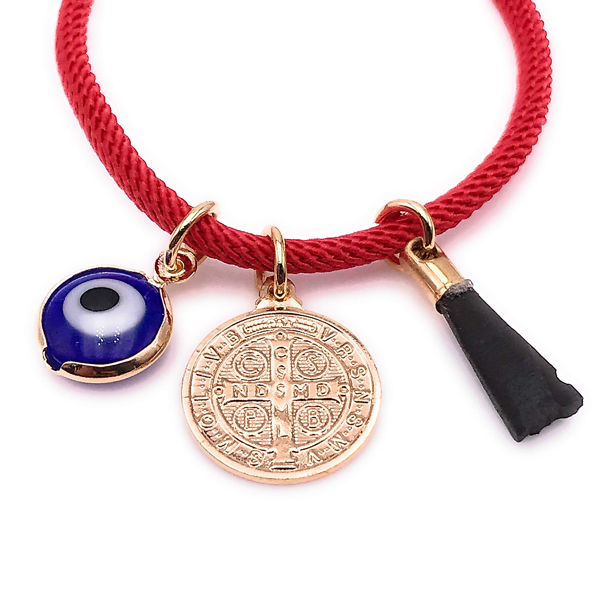 18K Gold Plated Saint Benedict Red String Bracelet Adjustable Charm Evil Eye & Dainty Genuine Azabache Hand