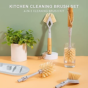 SetSail Dish Brush Set with Storage Holder, 4-in-1 Kitchen Cleaning Brush Set with 2 Interchangeable Brush Heads&Scrub Sponge Bamboo Handle Bottle Brush, Dish Scrub Brush and Corner Brush for Kitchen