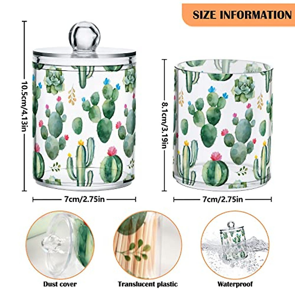 BOENLE 2 Pack Qtip Holder Dispenser Green Cactus Succulents Flowers Storage Canister Bathroom Apothecary Jars Acrylic Plastic Vanity Organizer Lid for Cotton Swab/Ball/Pad