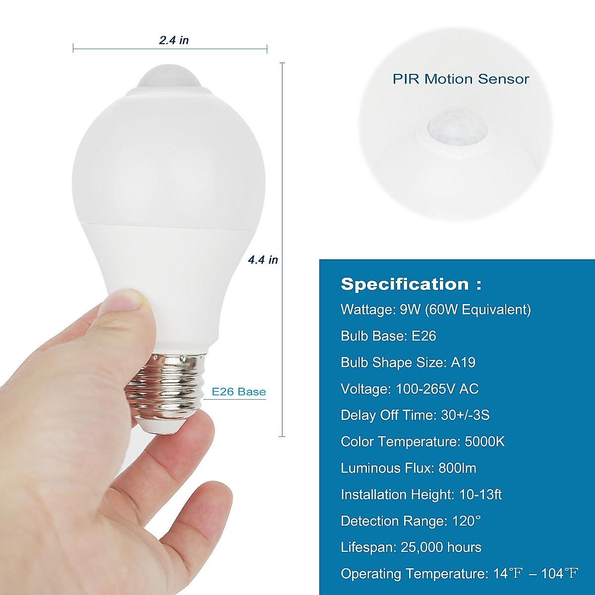 Motion Sensor Light Bulbs for Outdoor Indoor, 9W A19 Motion Detector Led Bulb, 60 Watt Equivalent, E26 800lm 5000K Daylight, Dusk to Dawn Motion Activated Security Lights for outside, Inside (2 Pack)