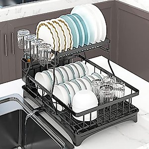 yagiya Dish Drying Rack，2-Tier Dish Racks for Kitchen Counter，Large Dish Rack with Knife case Cup Holder，Dish Drainer Organizer with Utensil Holder, Dish Drying Rack with Drain Board