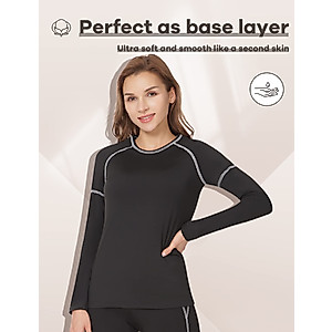 MANCYFIT Thermal Shirts for Women Fleece Lined Tops Long Sleeve Undershirts for Cold Weather Black and White Lines Medium