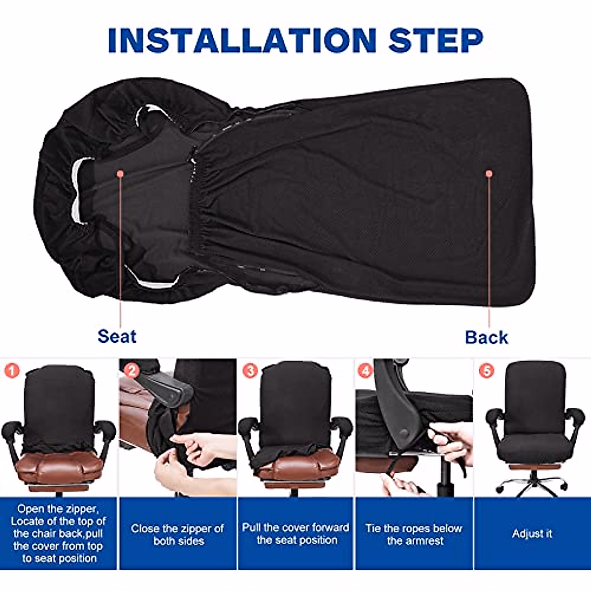 NeColorLife Office Chair Cover with Armrest Covers Stretchable Desk Chair Cover Thick Checked Jacquard High Back Office Seat Cover for Universal Rotating Chair (Large Size,Black)